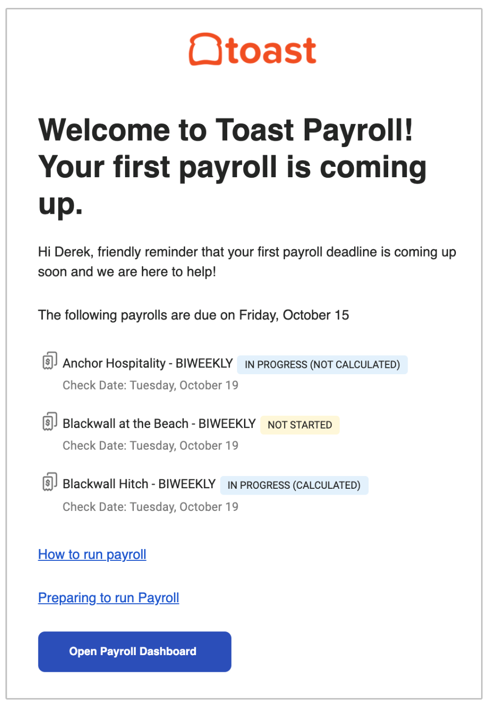 Toast Payroll: Payroll Due Notifications
