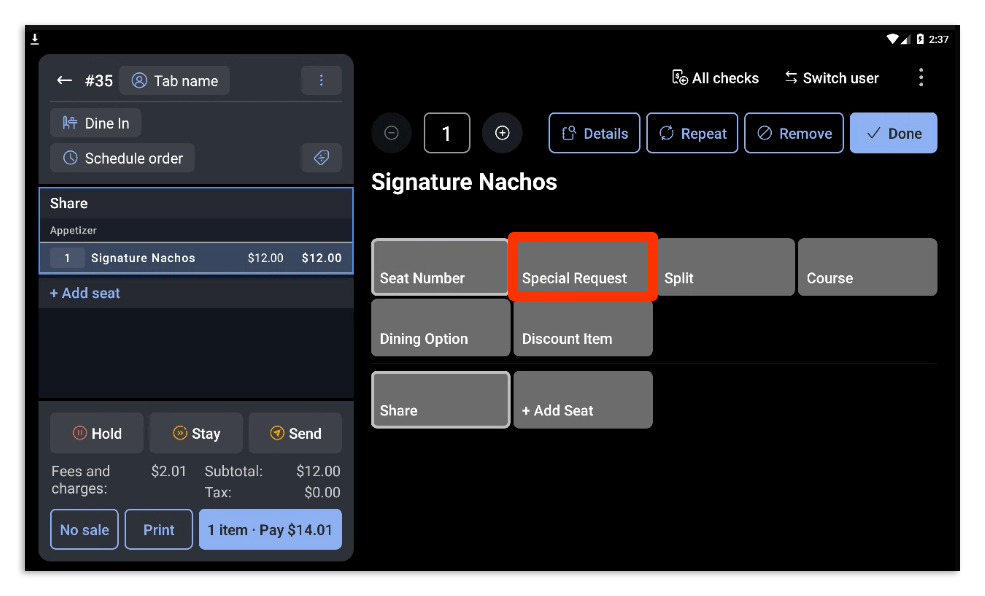 Add a Special Request to a Menu Item
