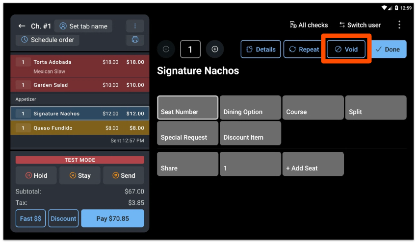 Void button on the POS screen