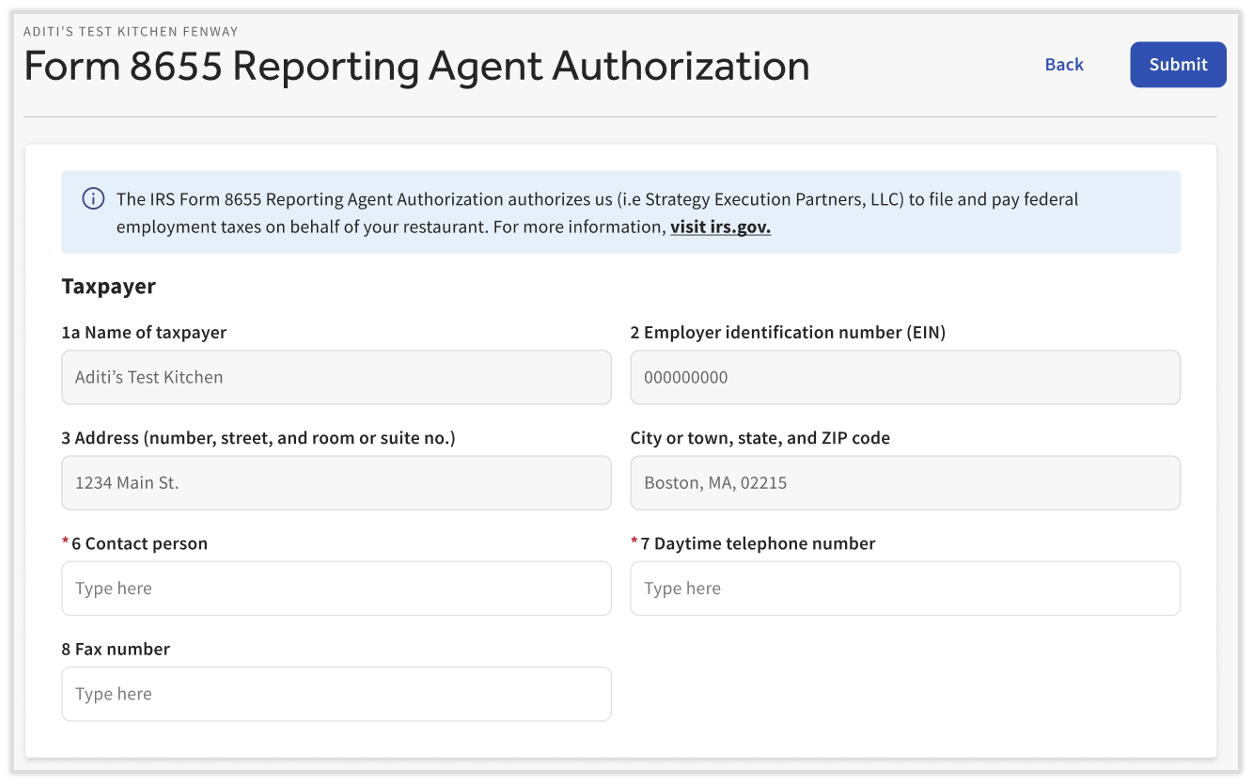 Toast Payroll: Form 8655 Reporting Agent Authorization