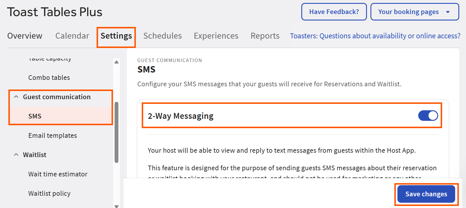 Turn on Two-Way SMS in Toast Tables