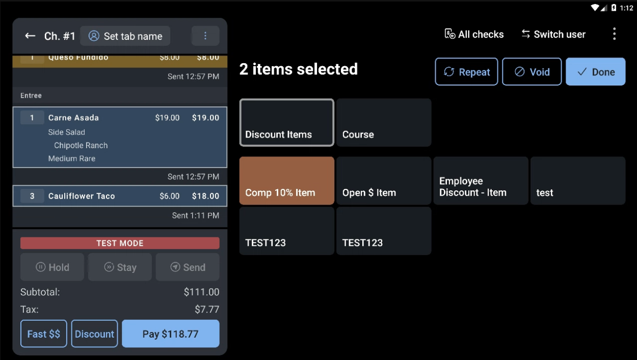 multiple items selected, void button visible