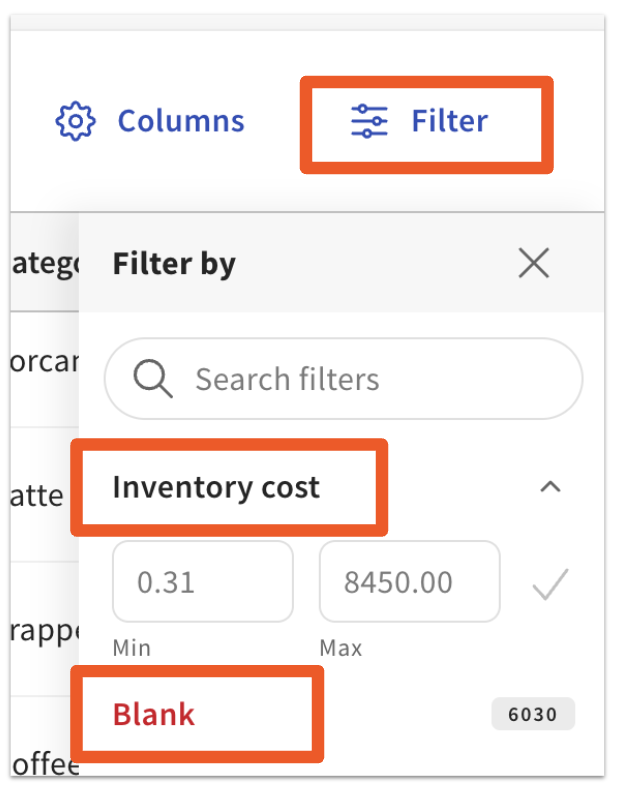 Item library filter menu showing Inventory Cost filter