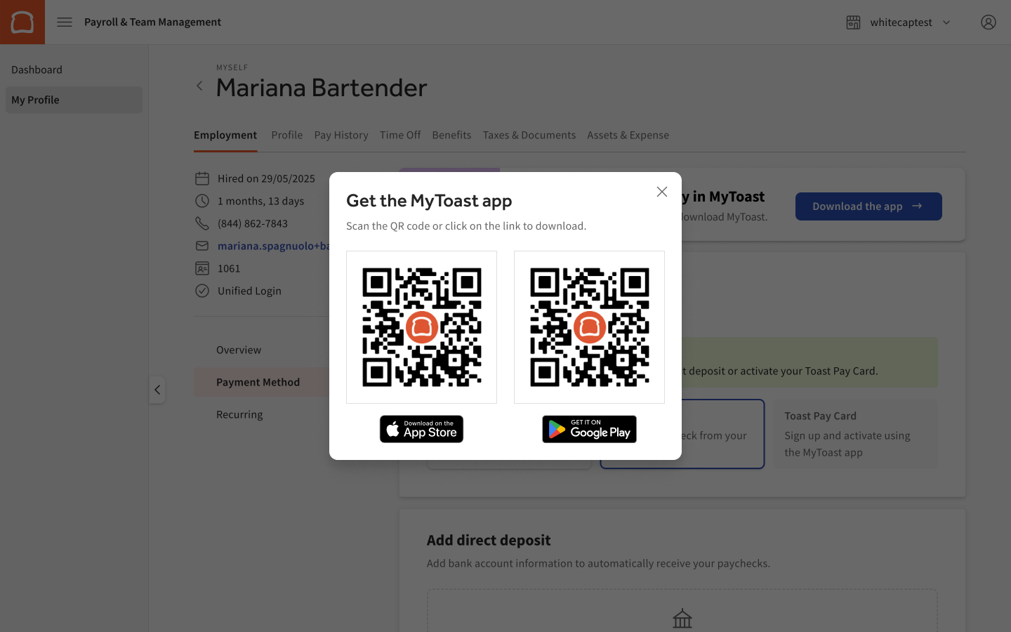 Toast Payroll: Set a Payment Method