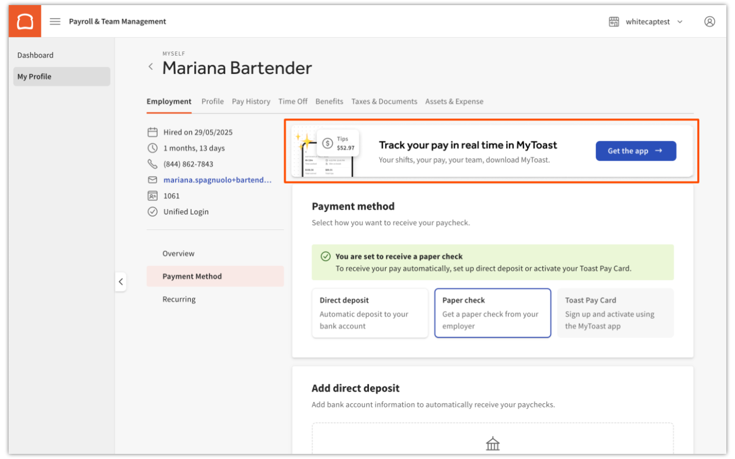 Toast Payroll: Set a Payment Method