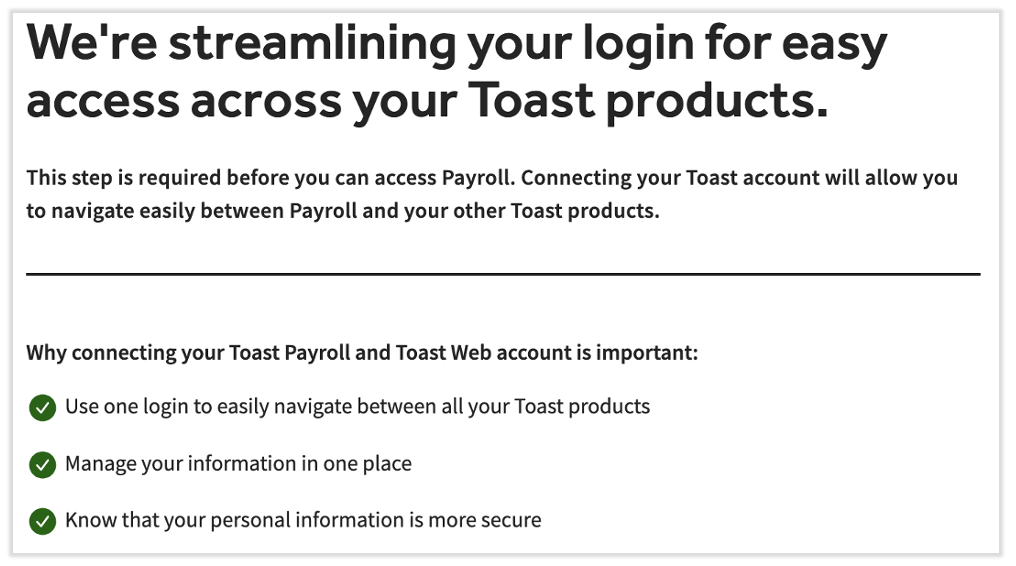 Unified Login Experience for Toast Web and Toast Payroll