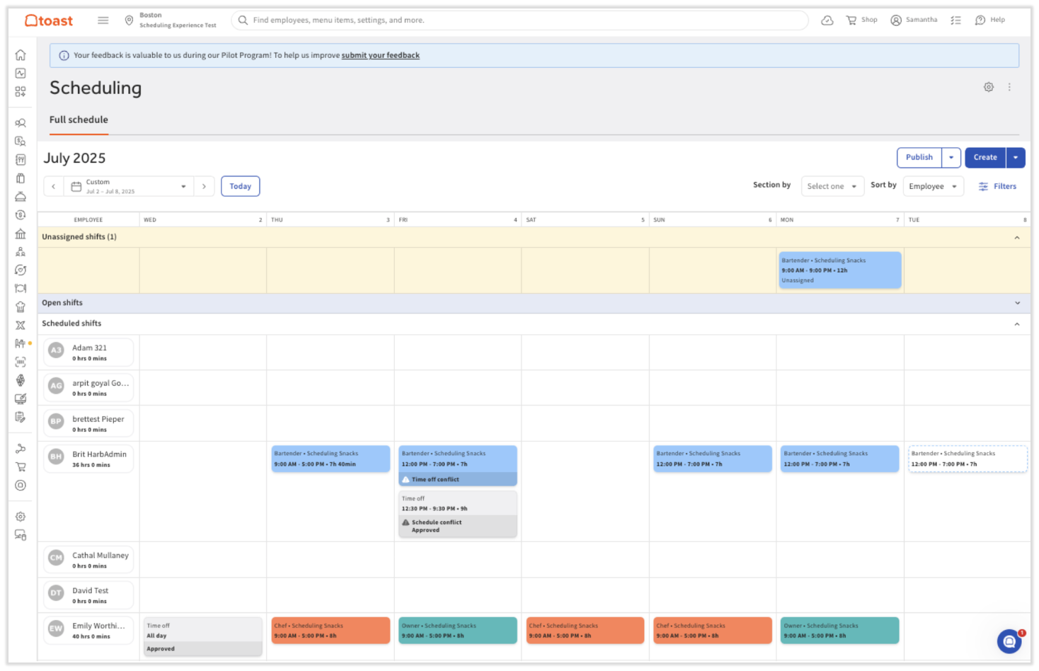 Scheduling by Sling in Toast Web