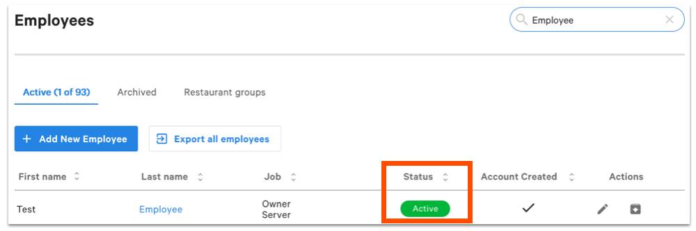 "active" employee on Employees page in Toast Web